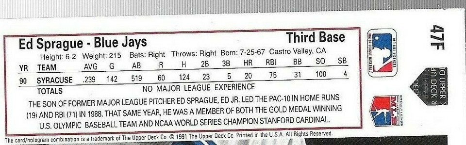 1991 Upper Deck Final Edition Ed Sprague Rookie Toronto Blue Jays 47F ...