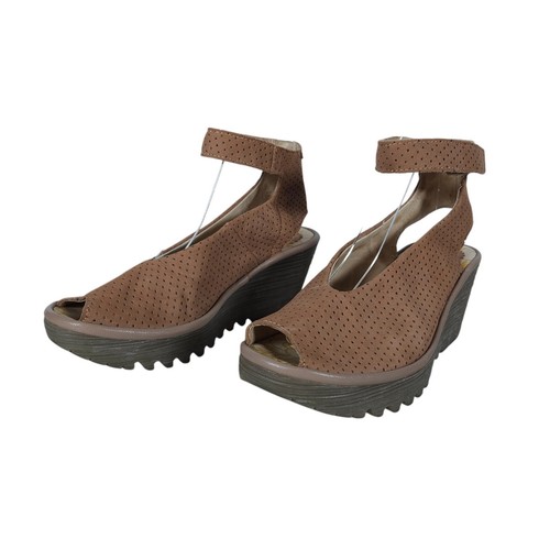 Fly London Womens Wedge Sandals 37 Brown Perforated Leather Peep Toe ...