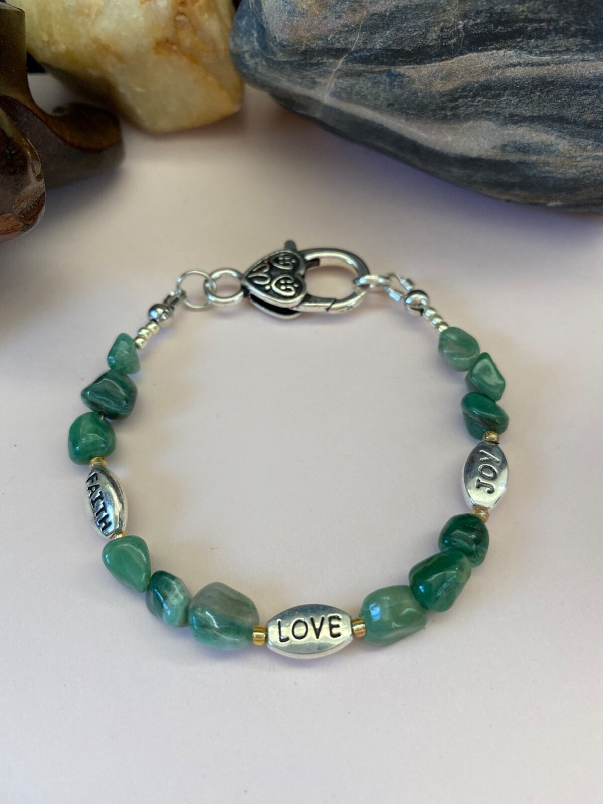 Jade Bracelet w/Charms for Her. LOVE, FAITH, JOY Charms. 7 inches. Gift ...