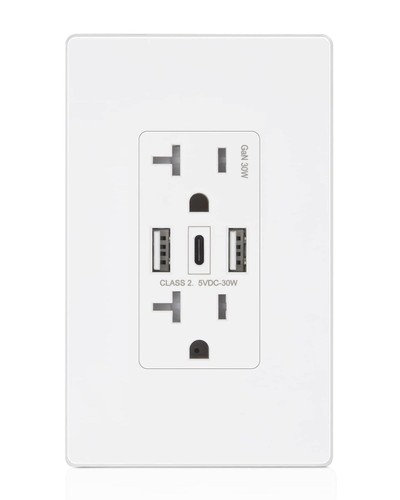 Amerisense GaN 30W 6 Amp 3-Port USB Wall Outlet 15 Amp Tamper-Resistant ...