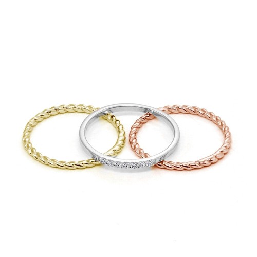 Set of 3 Cubic Zirconia Twist Stackable Tri-Color 925 Silver Band Rings ...