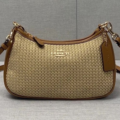 COACH CR350 Portable Shoulder Bag Straw x Smooth Leather Latte Multi ...