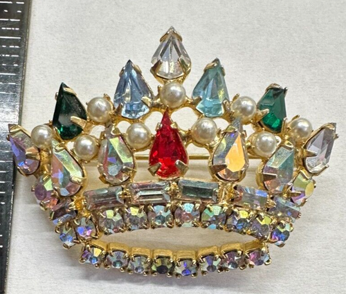 Crown Multicolor Rhinestone Vintage Pin Brooch Gold J-024 | eBay