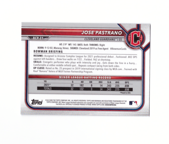 2022 Bowman Sapphire Chrome JOSE PASTRANO 1st Bowman Blue Refractor ...
