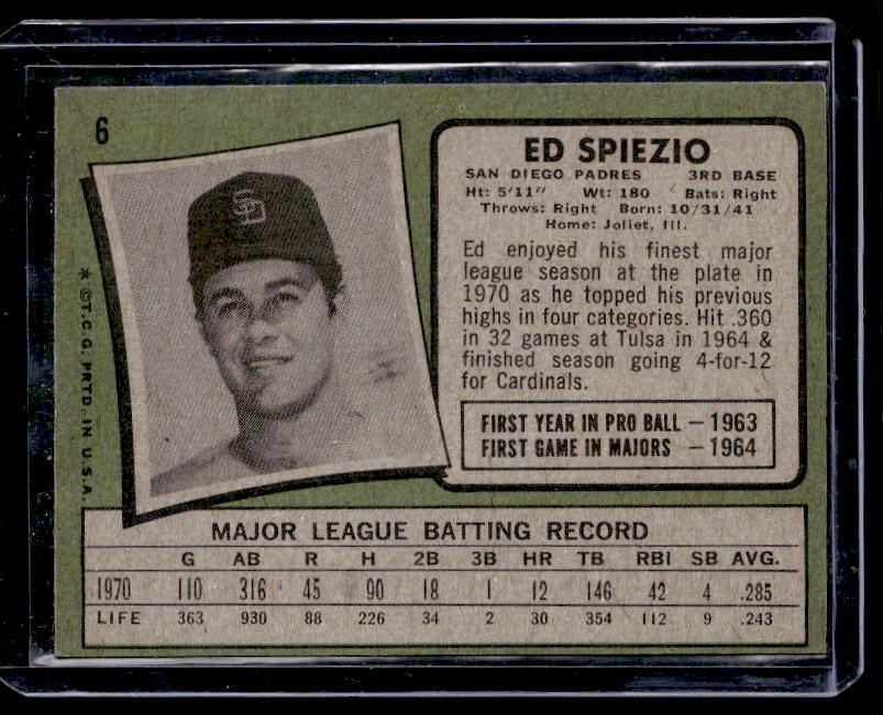 1971 Topps #6 Ed Spiezio San Diego Padres EX Baseball Card *A921 | eBay