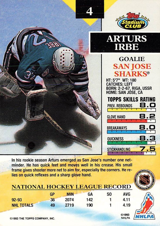 1993 Stadium Club #4 Arturs Irbe San Jose Sharks | eBay