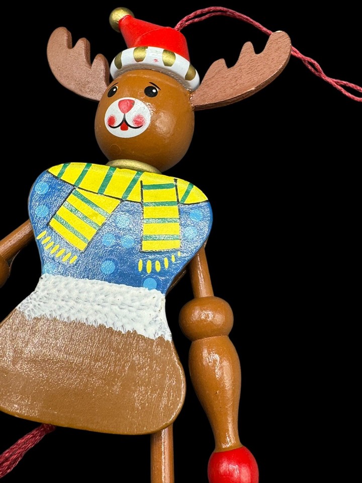 Christmas Reindeer Vintage Jumping Jack Ornament Painted Wood 7" Body ...