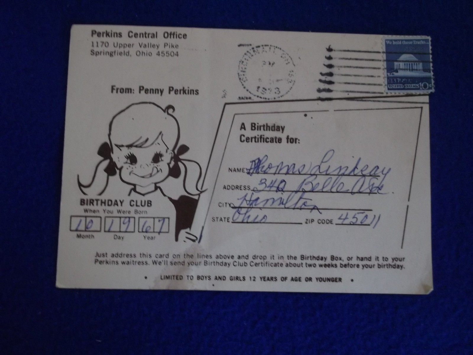 Postcard ~ Perkins Cake & Steak ~ Birthday Club ~ with a Stamp 1973 | eBay