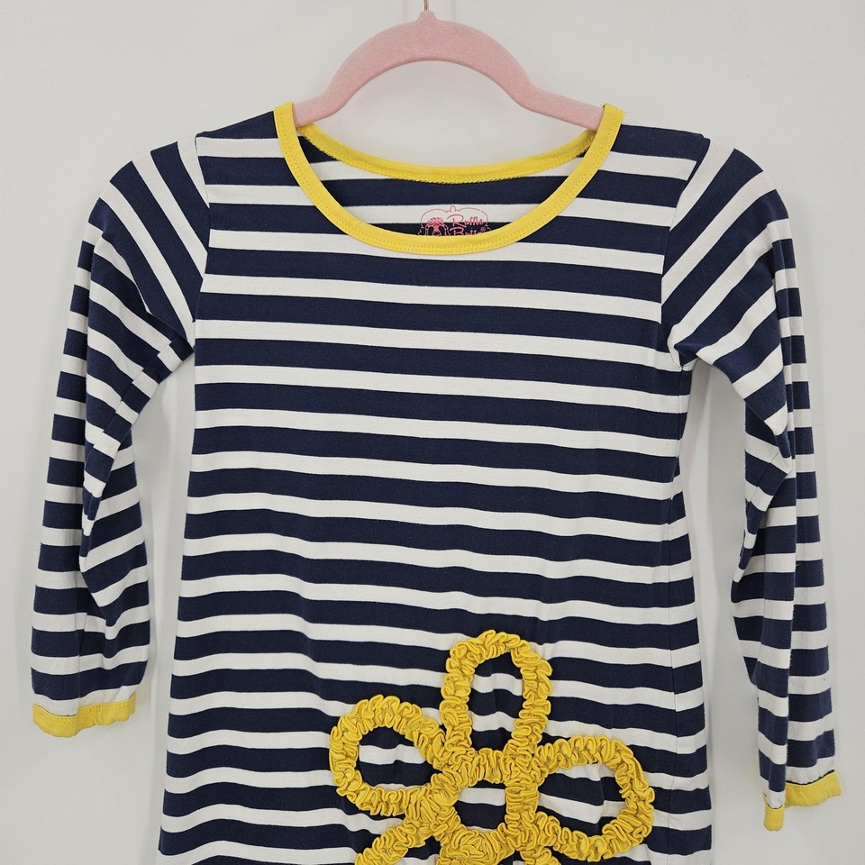 RuffleButts Dress Girls 7 Navy White Stripe Yellow Flower Long Sleeve ...