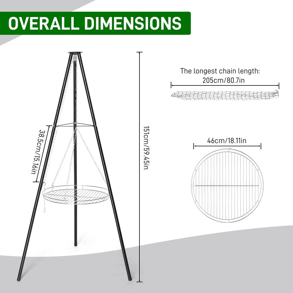 Garden 61in Large Campfire Tripod Grill with Adjustable Height BBQ ...