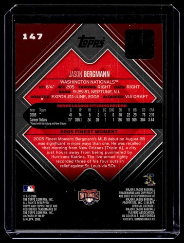 2006 Finest #147 Jason Bergmann Autograph RC Rookie WAS Nationals | eBay