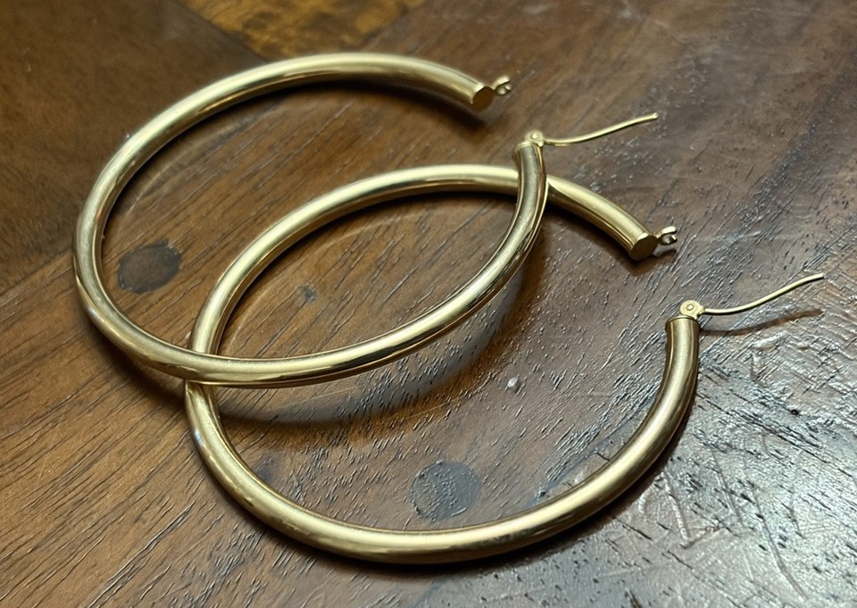 Large 14k Yellow Gold Snap Bar Hallow Hoop Earrings 3.6g | eBay