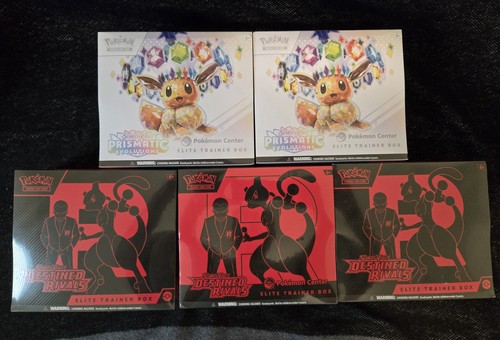 Pokémon ETB Lot Of 5, (2)Prismatic Evolutions ETB, (3) Destined Rivals ...