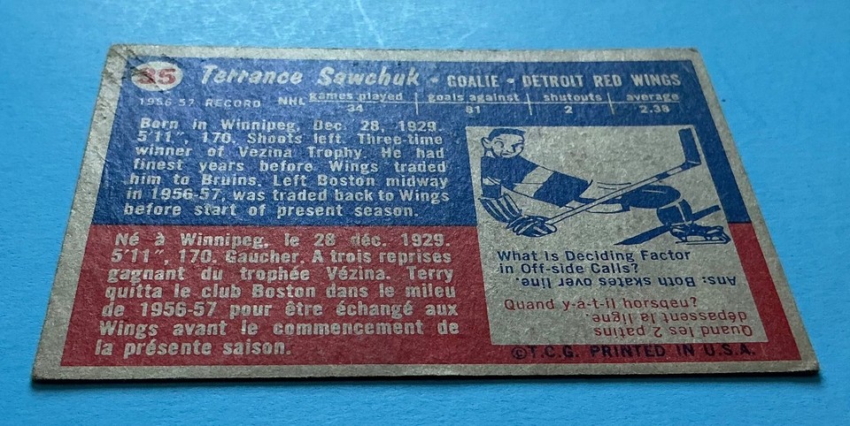 1957-58 Topps #35-Terry Sawchuk Red Wings - Creases - NM BV $300 | eBay