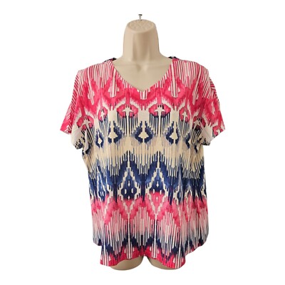 Chicos Vneck Bright Pink Blue Colorblock Watercolor Tee Shirt Size 2 ...