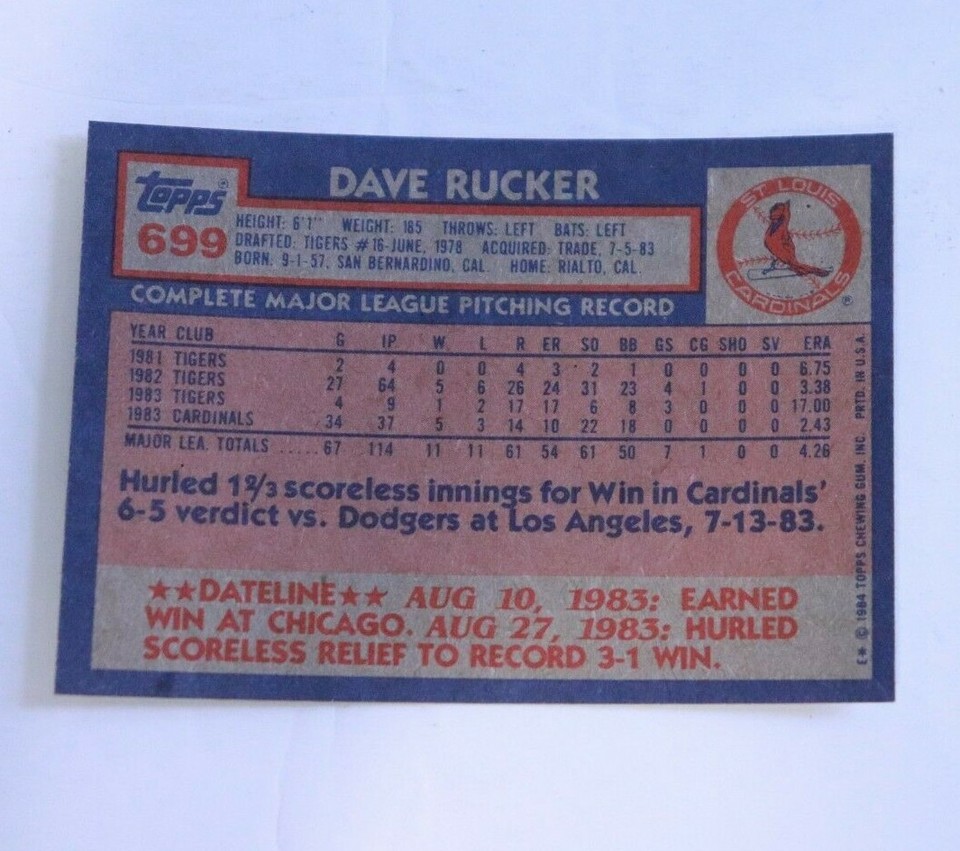 1984 Topps #699 Dave Rucker Cardinals | eBay