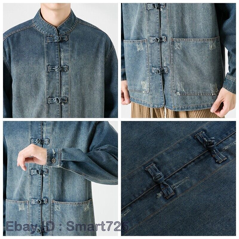 Men Casual Denim Jacket Mandarin Collar Frog Button Chinese Blouse ...