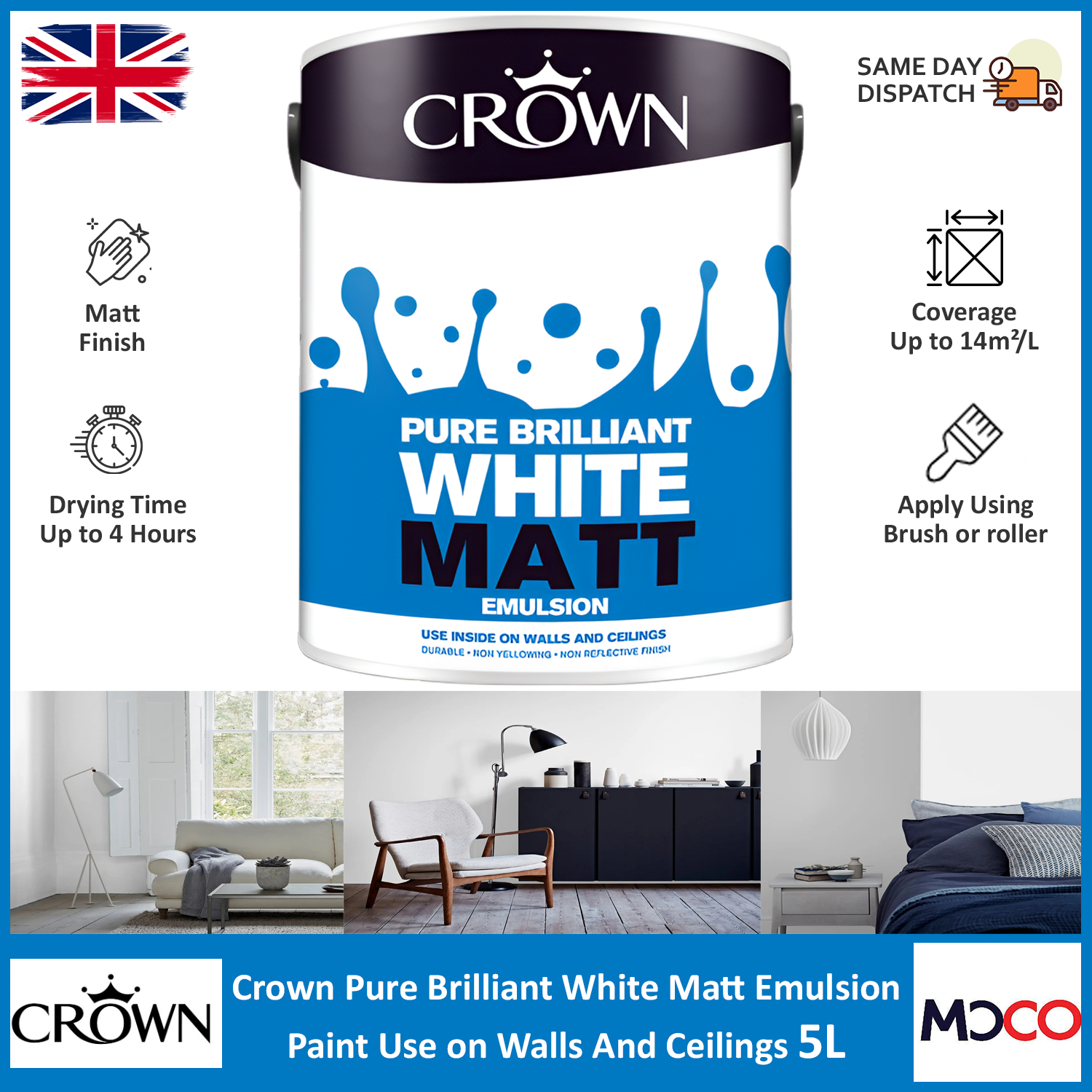 Crown Matt Emulsion Paint For Interior Walls Ceilings Pure Brilliant ...