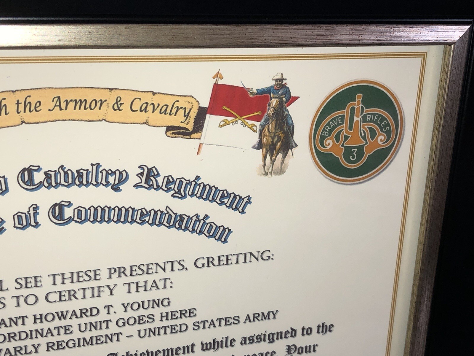 3RD ARMORED CAVALRY REGIMENT / COMMEMORATIVE - CERTIFICATE OF ...