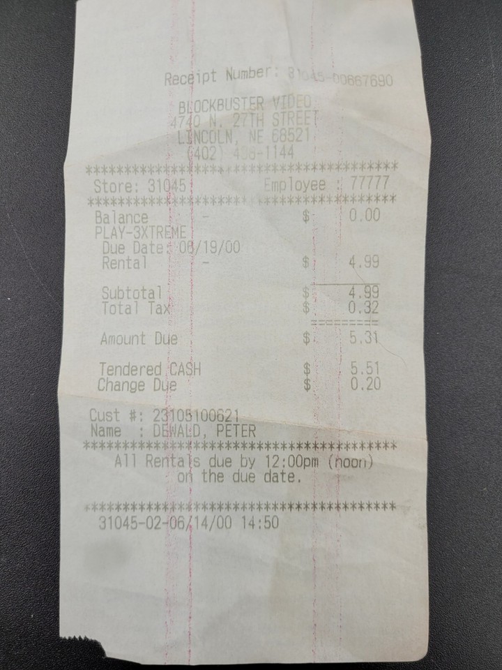 Blockbuster Receipt game rental 6/14/2000 Lincoln Ne Free Ship .. | eBay