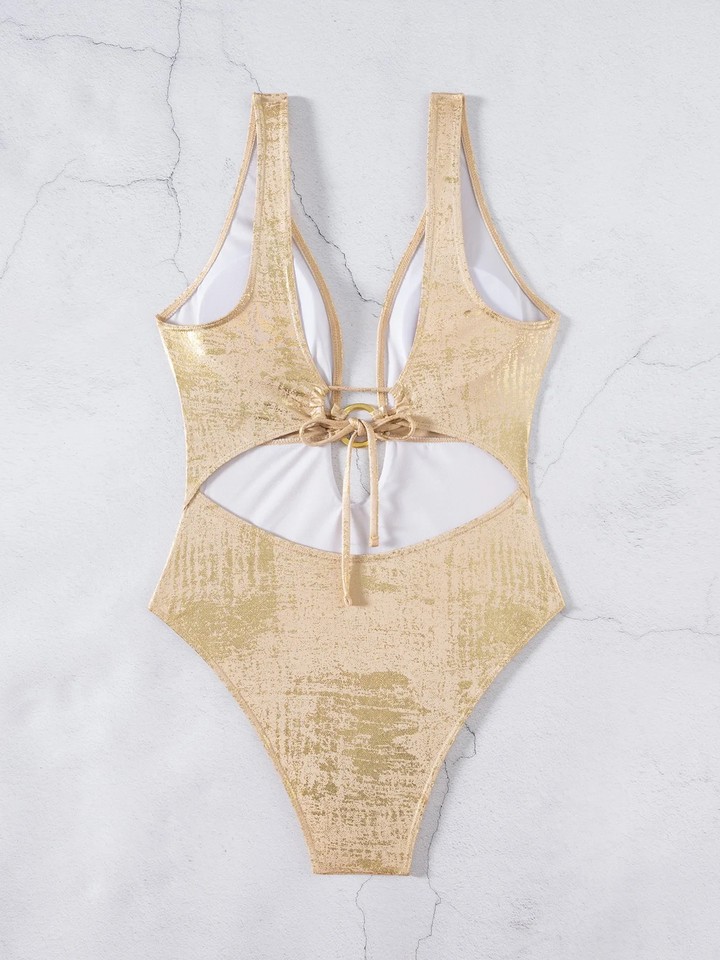 Womens Sexy Gold V-Neck One Piece Swimsuit Cut Out Monokini Push Up ...