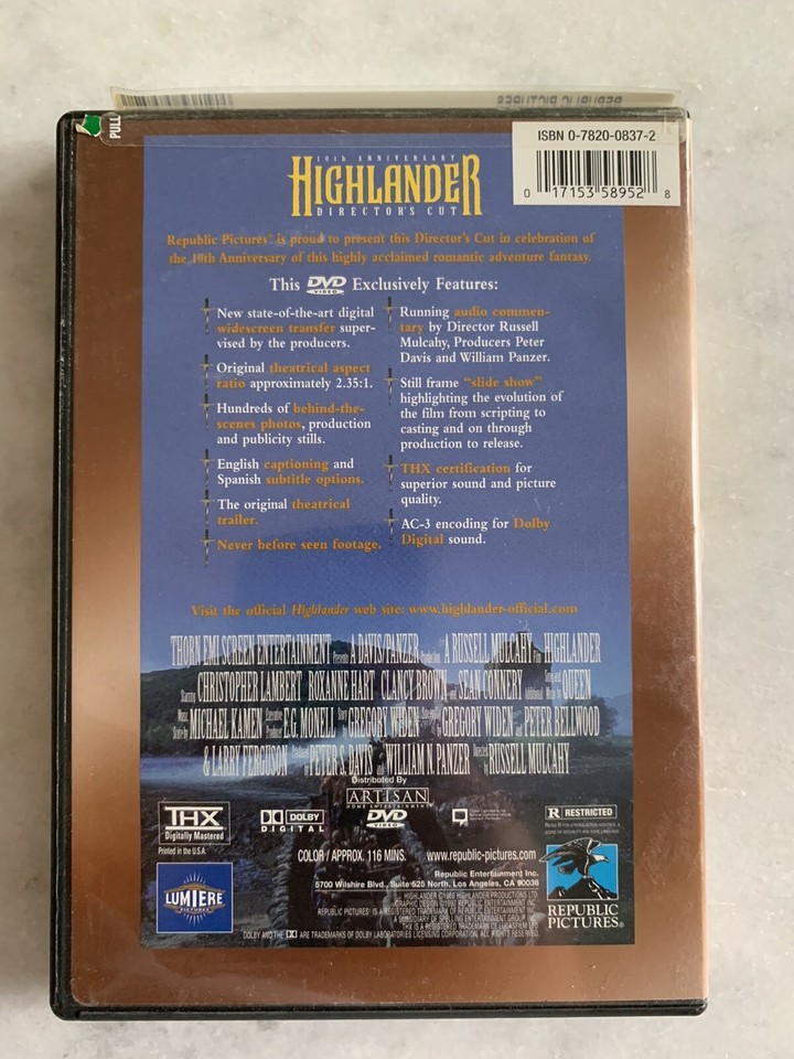 Highlander DVD, 1997, 10th Anniversary Directors Cut) Queen, Sean ...
