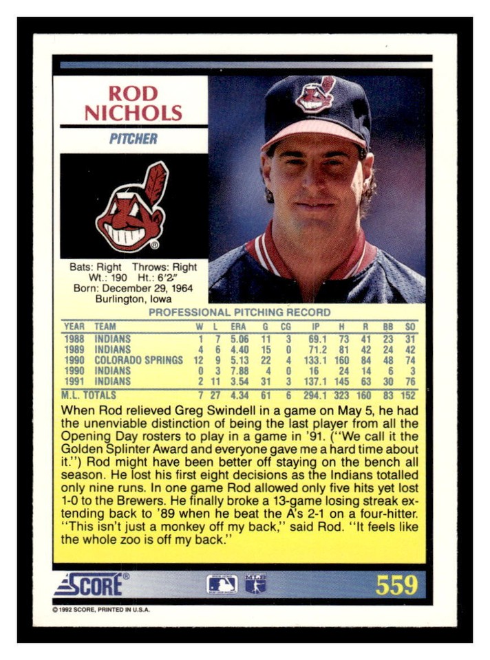 1992 Score #559 Rod Nichols - Cleveland Indians | eBay