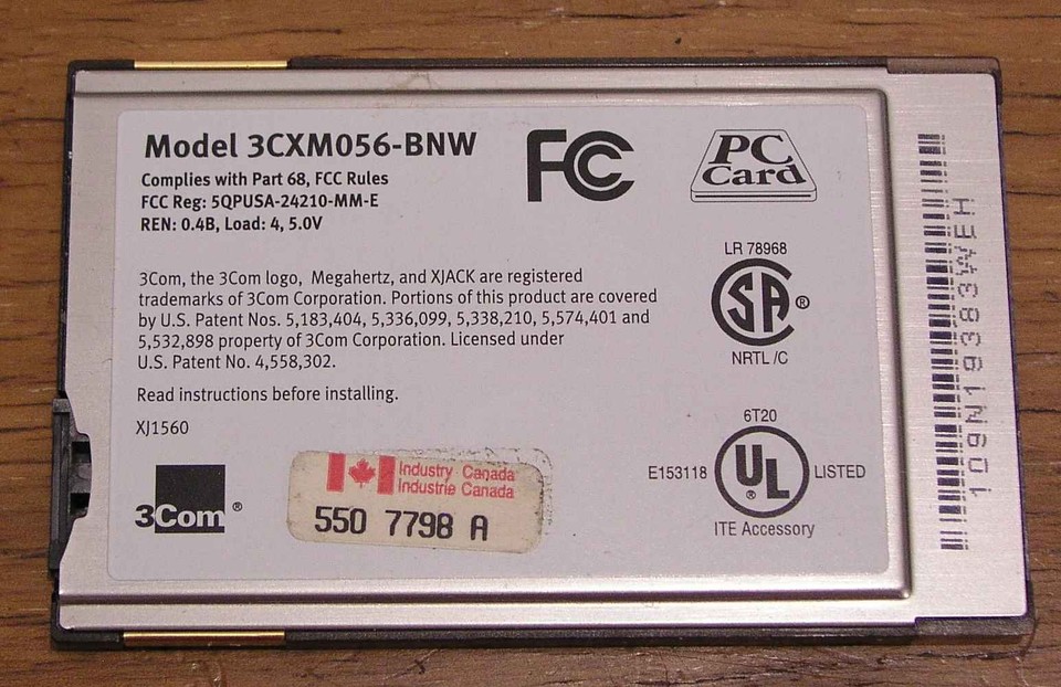 3Com Noteworthy PCMCIA 56k Modem PC Card XJACK Model 3CXM056-BNW | eBay