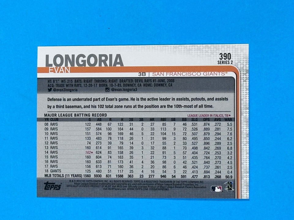 2019 Topps Series 2 Evan Longoria #390 San Francisco Giants (R) | eBay