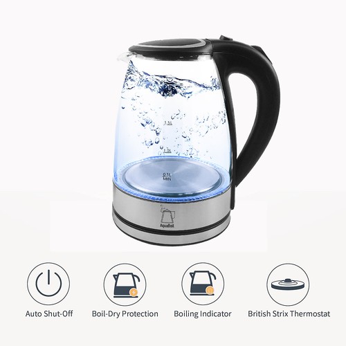 2L Electric Glass Kettle Blue LED Illuminated Auto Shut Off Protection ...