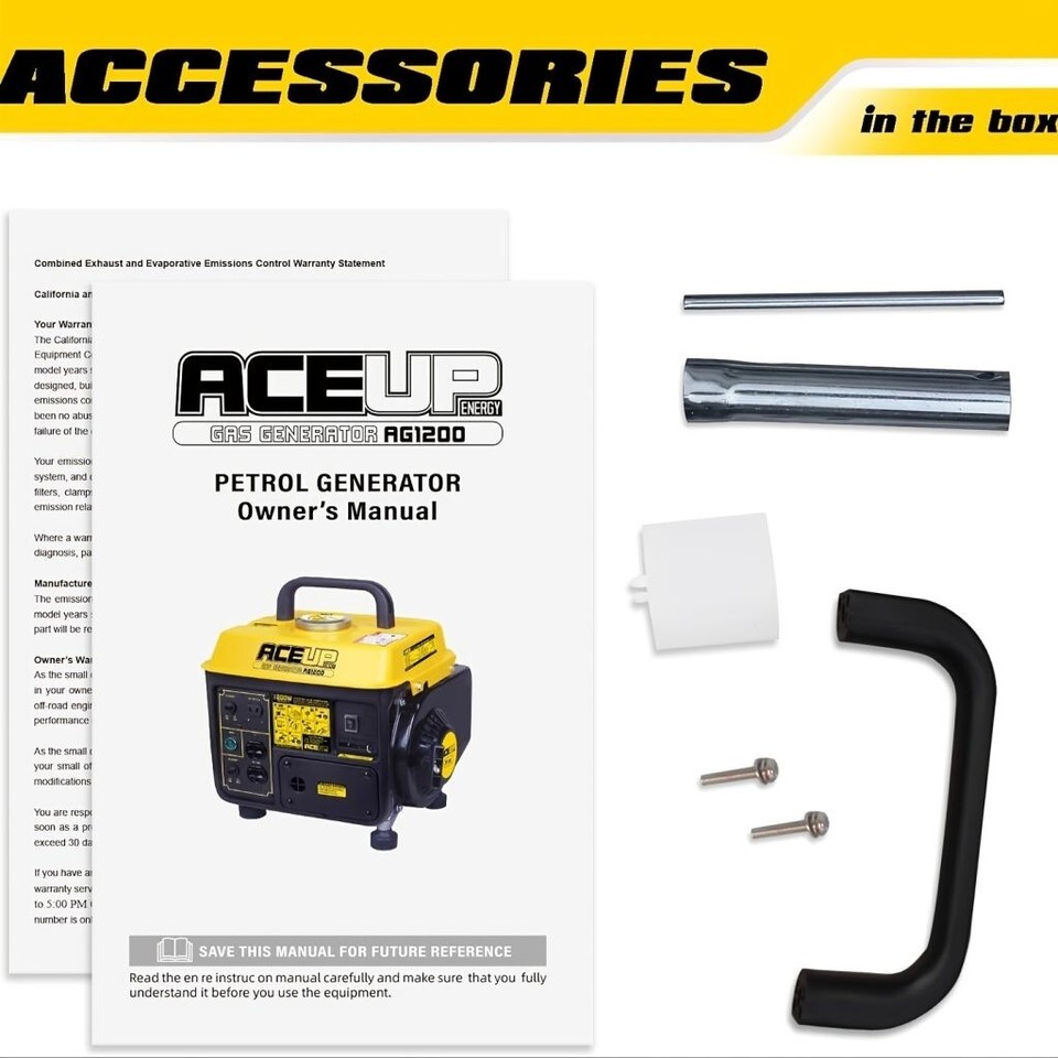 Aceup Energy 1200W Portable Gas Generator, 2-Stroke Metal Engine ...