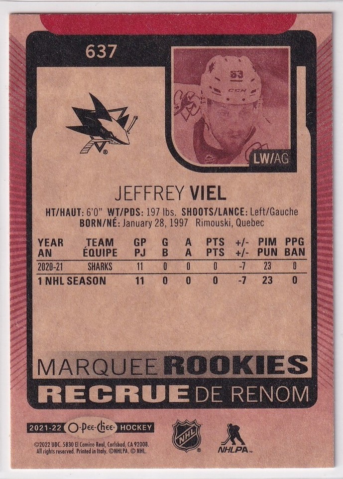 2021-22 O-Pee-Chee Red #637 Jeffrey Viel RC - San Jose Sharks | eBay