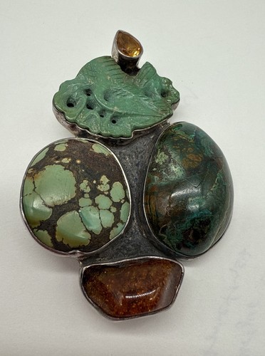 Amy Kahn Russell AKRCarved Crane Royston Turquoise Citrine Amber Brooch ...