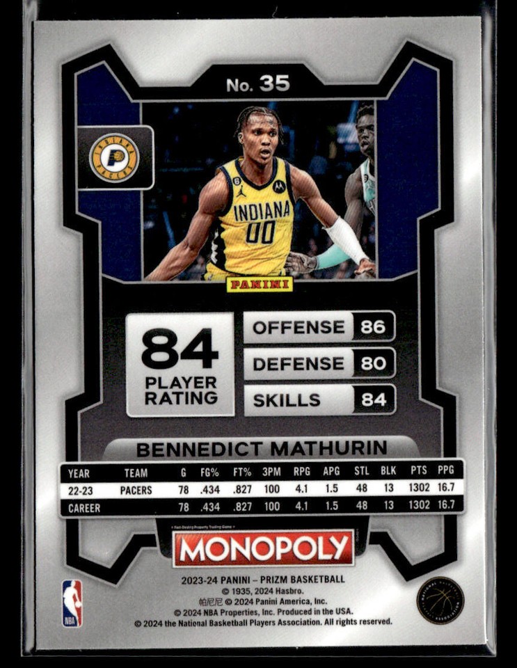 2023-24 Panini Prizm Monopoly #35 Bennedict Mathurin Card Indiana ...
