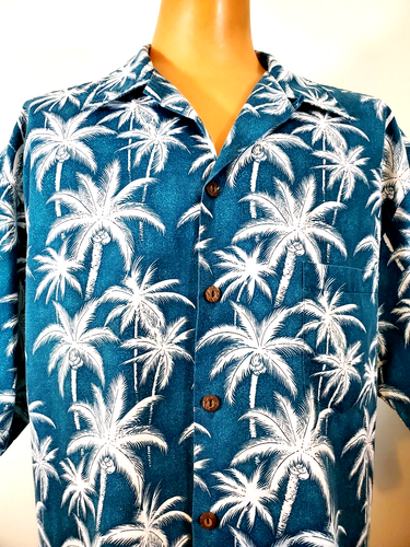 Mens Hawaiian Shirt XL Bluish Green Aloha Tropical Palm Trees S /S ...
