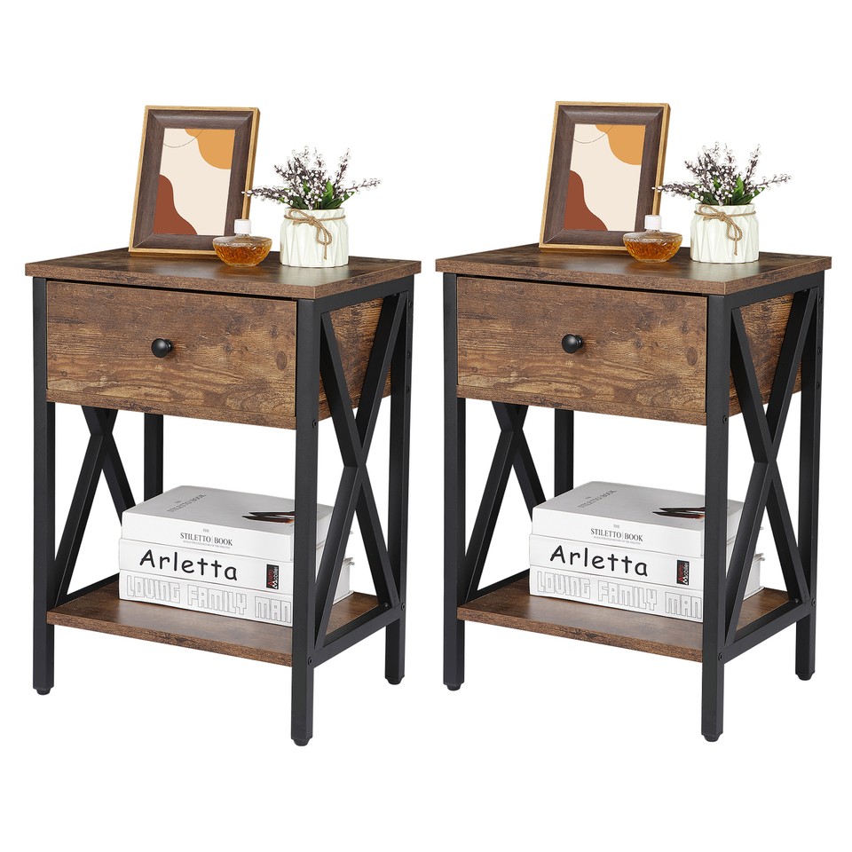 Set of 4 Brown End Table W/ Drawers X Design Small Wooden Side Table ...