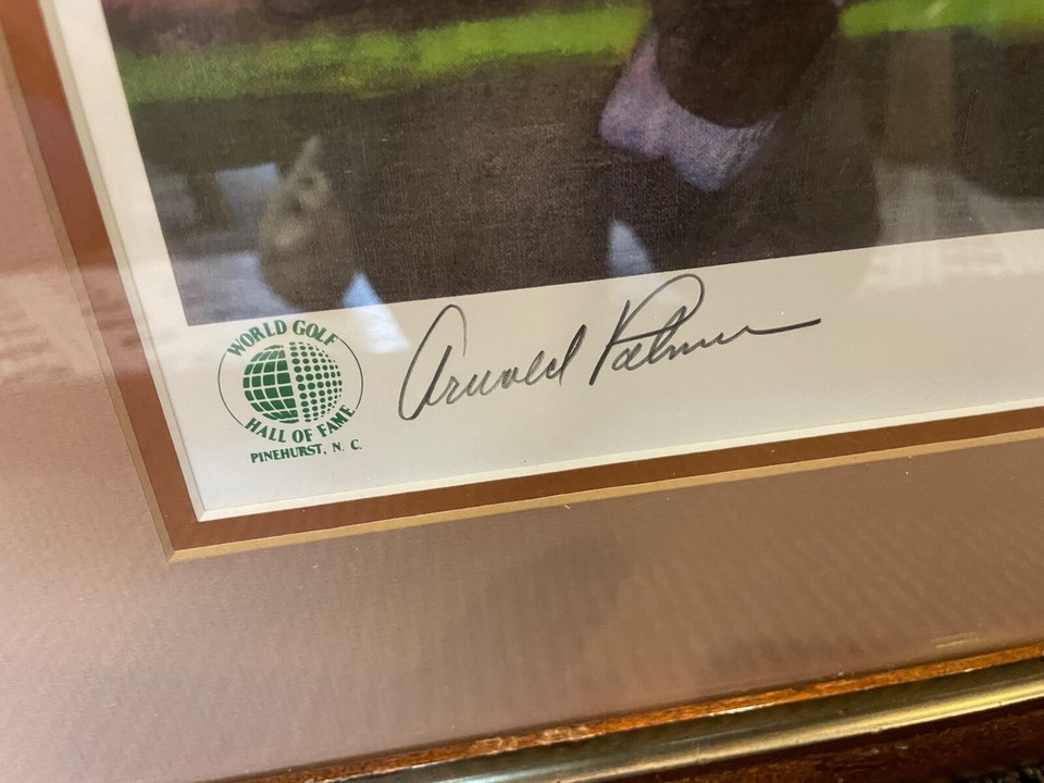 ARNOLD PALMER SIGNED 27X23 FRAMED GOLF HALL OF FAME BERNIE FUCHS LITHO ...