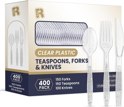 R-kay 400 Pcs Plastic Silverware Heavy Duty - Clear Forks Spoons And ...