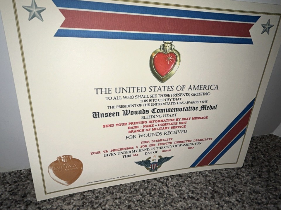 UNSEEN WOUNDS MEDAL - BLEEDING HEART COMMEMORATIVE CERTIFICATE~W ...