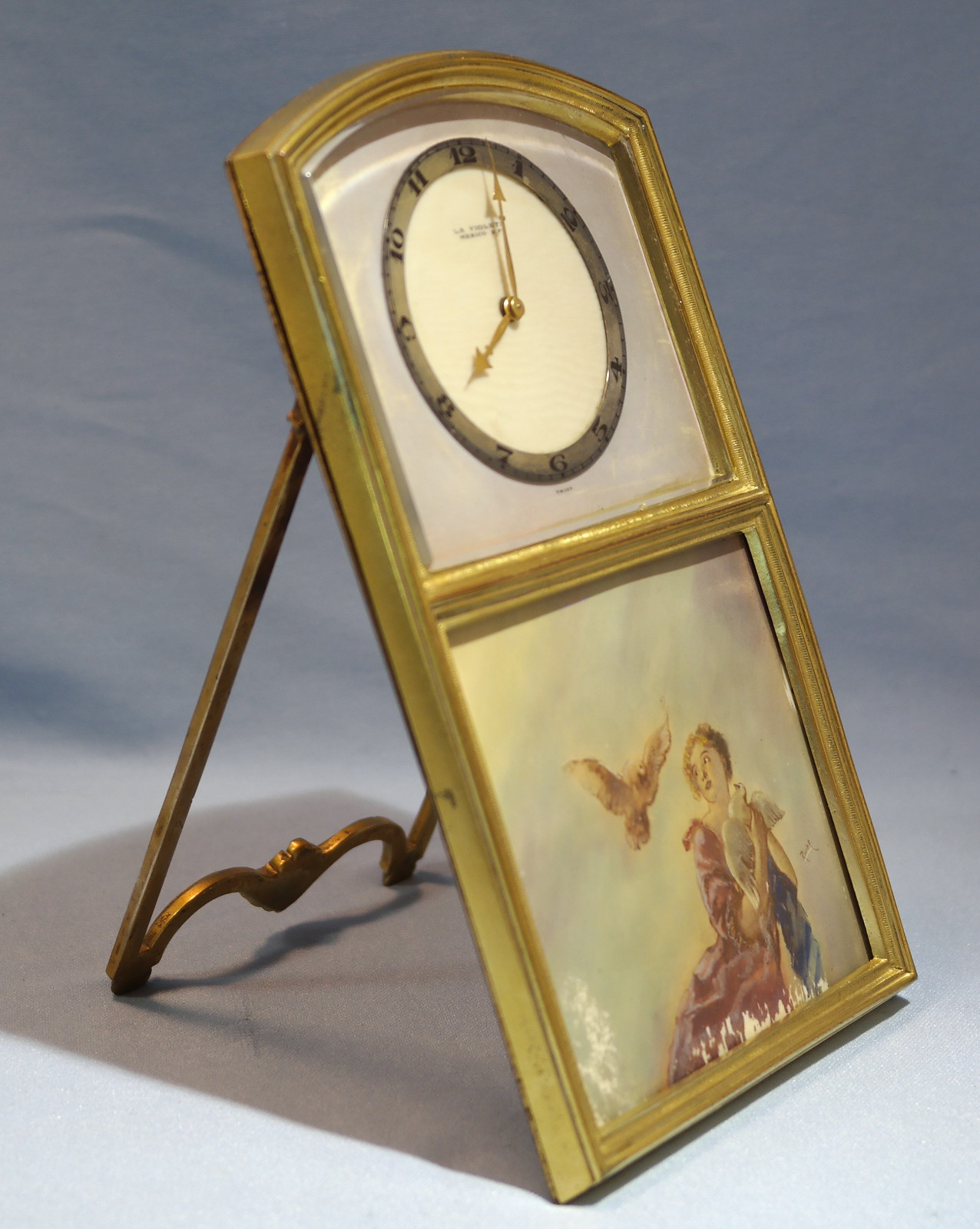 Swiss Gilt Bronze Mechanical Easel Clock Painted Plaque Girl & Doves LA ...