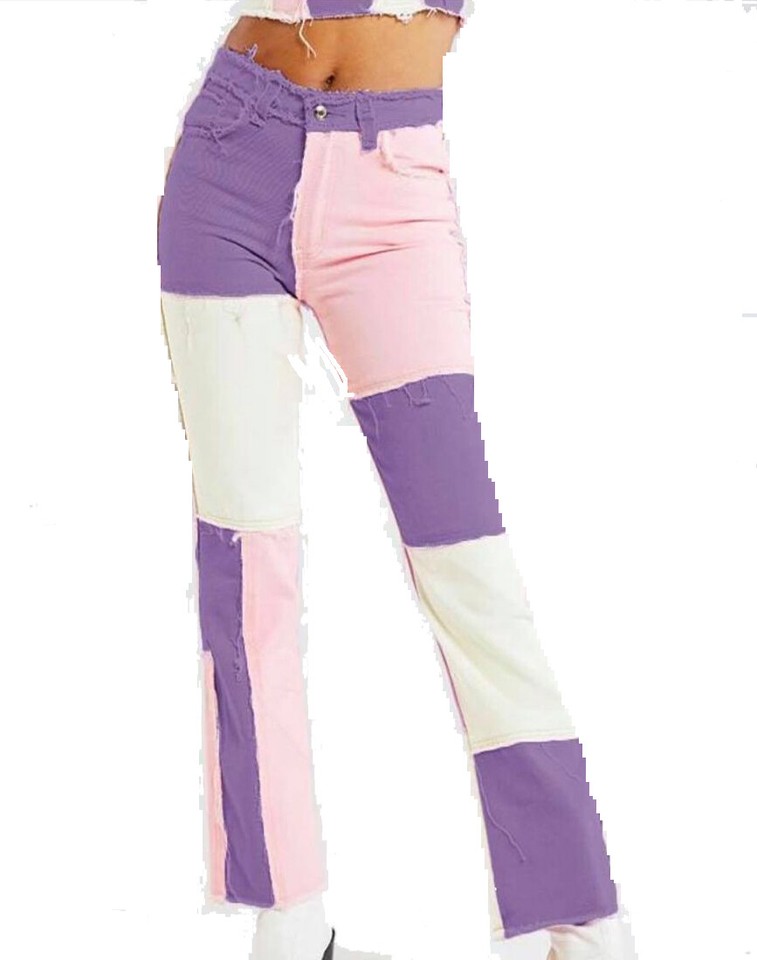 Juniors Patchwork Colorblock Pastel Distressed High Waist Straight Legs ...