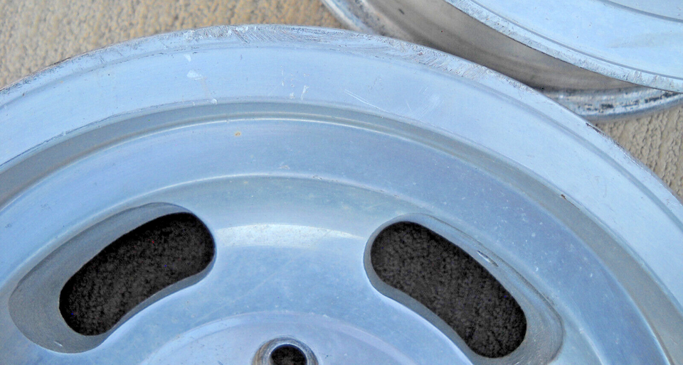 PAIR OF VINTAGE APPLIANCE PLATING 14"x7" ALUMINUM SLOT MAG WHEELS. GM 5 ...
