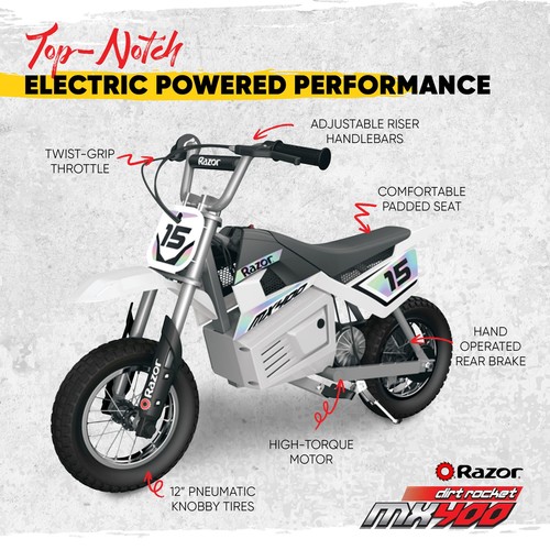 Razor MX400 Dirt Rocket 24V Electric Motocross Dirt Bike, White (For ...