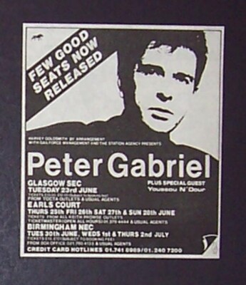Peter Gabriel So Tour 1987 Mini Poster Type Concert Ad, Promo Advert ...