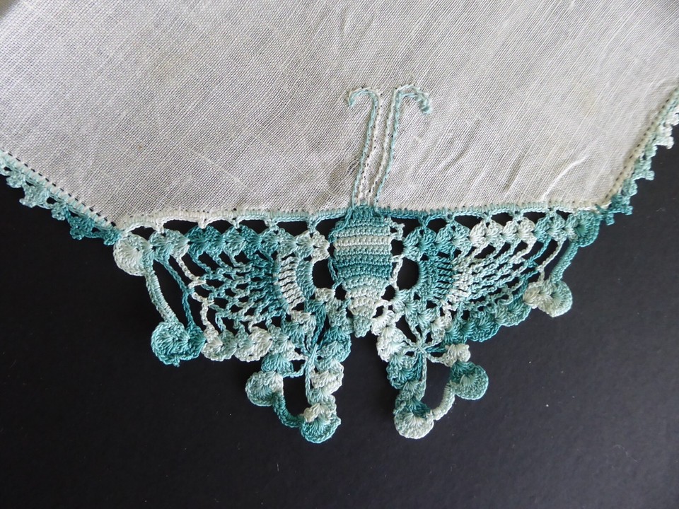 Vintage Irish Crochet Lace Edge Blue Butterfly Linen Handkerchief | eBay