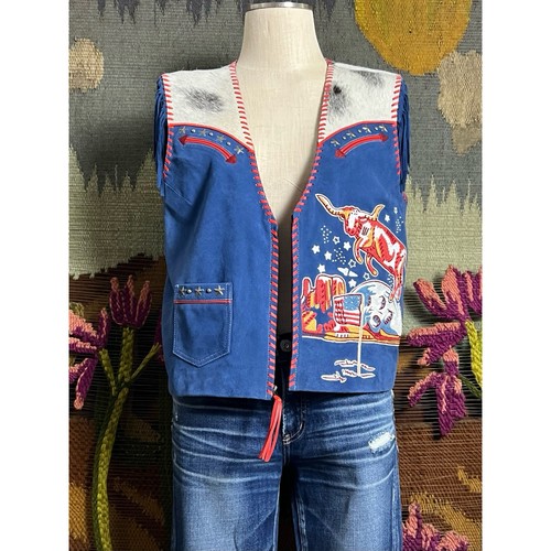 Double D Ranch Blue Embroidered Fringe Suede Leather Vest XL | eBay
