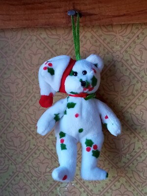 TY Christmas Holly Beanie 1998 2001 Holiday Teddy Bear Tree Ornament ...