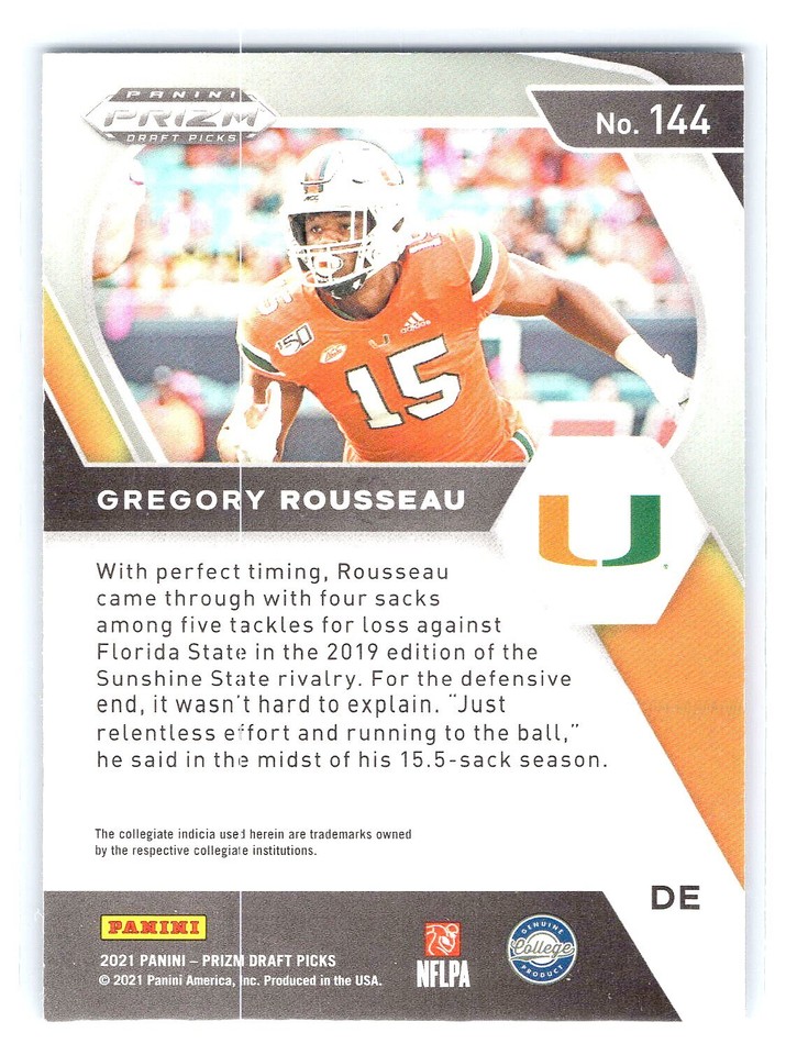 2021Panini Prizm Draft Picks #144 Greg Rousseau Football Miami | eBay
