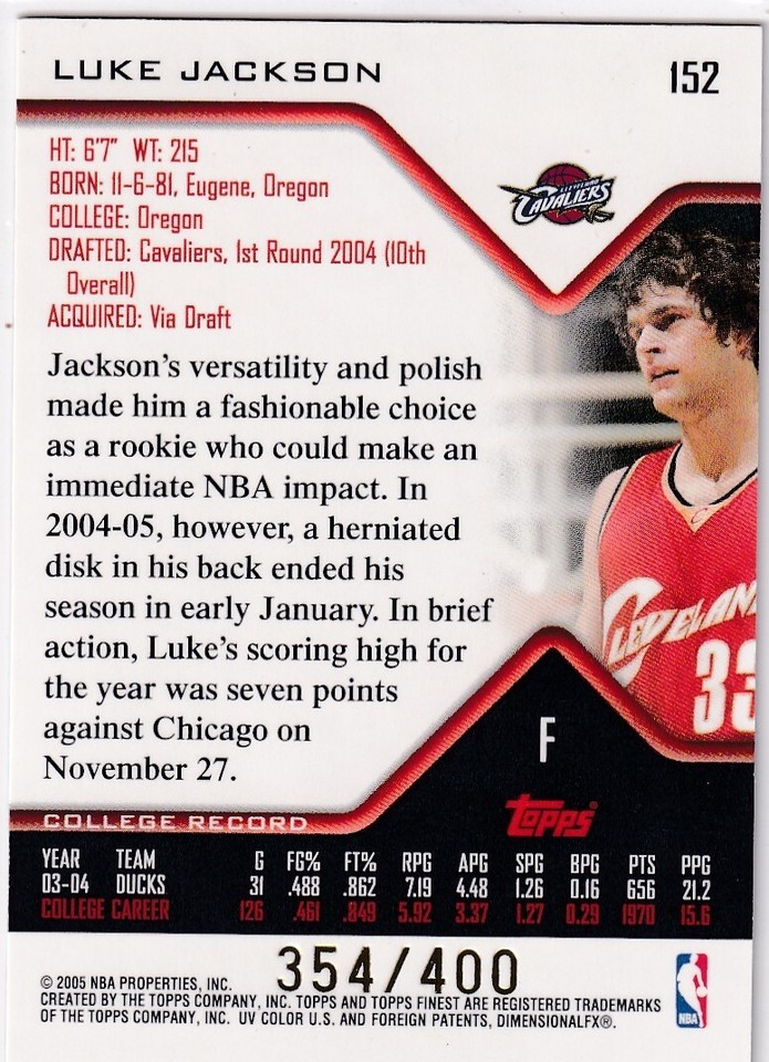 2004-05 Topps Finest Luke Jackson RC 354/400 Cavaliers #152 PWE | eBay