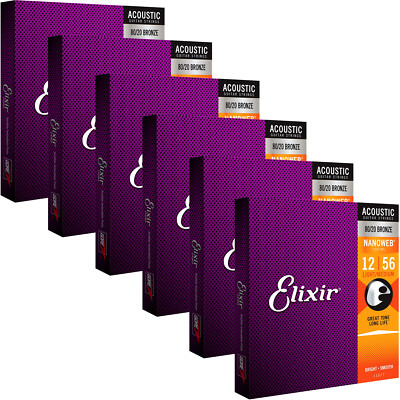 6 Sets Elixir 11077 NANOWEB 80/20 Light Medium Acoustic Guitar Strings ...
